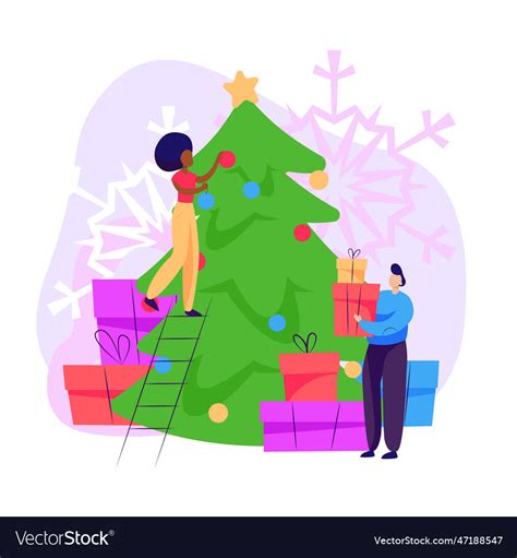 Man And Woman Decorating Christmas Tree Royalty Free Vector