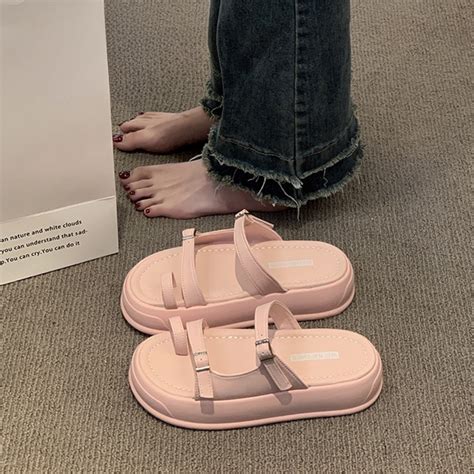 Platform Slippers French Style Retro Buckle Woven Roman Sandals Muffin