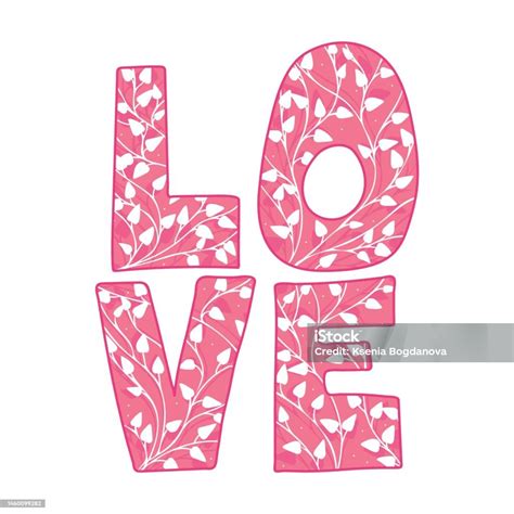 식물과 사랑의 벡터 그림입니다 배너 또는 엽서 디자인을 위해 민속 현대 스타일의 식물로 그려진 분홍색 편지 기념일에 대한 스톡 벡터 아트 및 기타 이미지 Istock