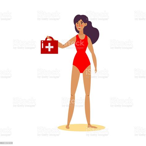 응급 처치 키트와 함께 서 빨간색 수영복에 귀여운 인명 구조 소녀 평면 만화 스타일의 벡터 일러스트레이션입니다 인명 구조원에