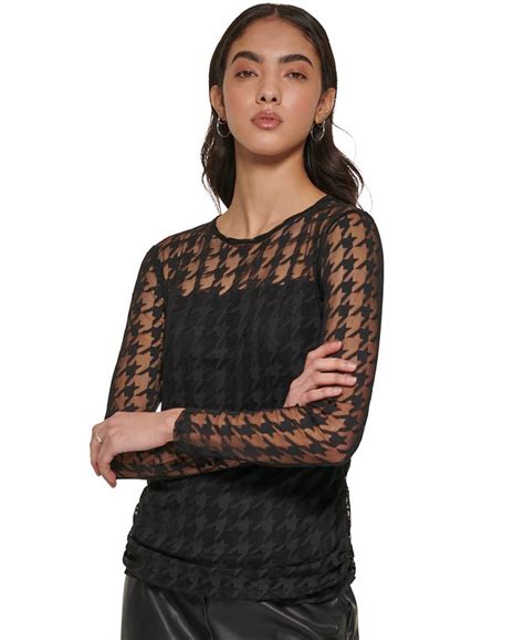 Dkny Womens Long Sleeve Houndstooth Print Mesh Top Macys