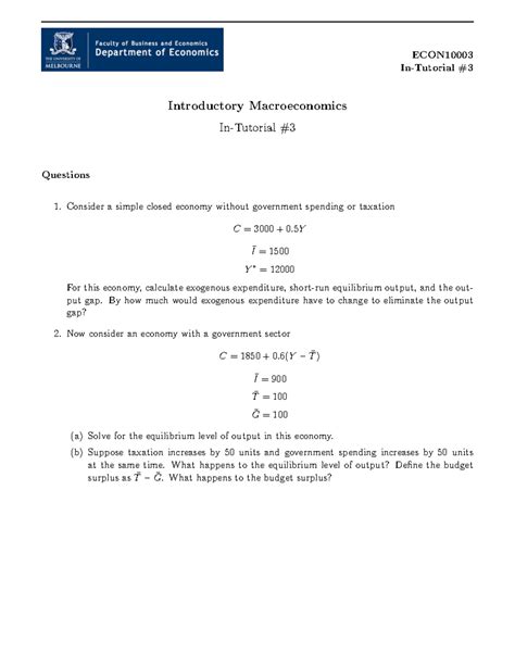 Tutorial 3 Econ In Tutorial Introductory Macroeconomics In Tutorial