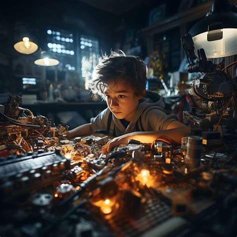 Un joven programando un robot con componentes electrónicos desgastados