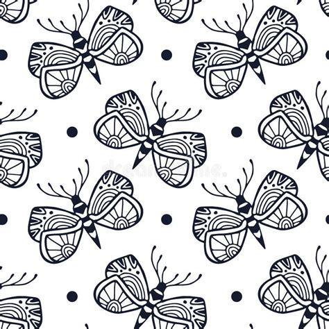 Butterflies Seamless Pattern In Ornamental Hand Drawn Style Block