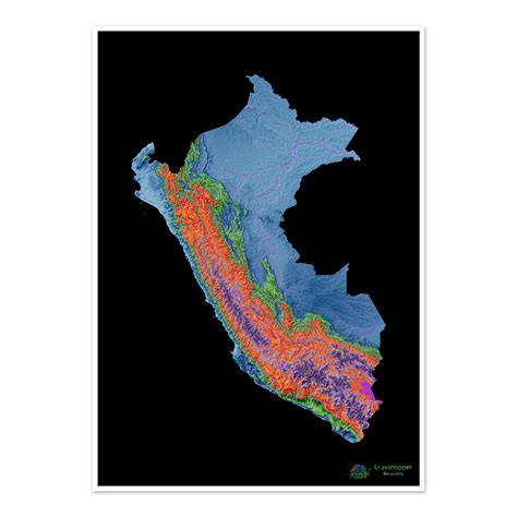 Peru Elevation Map Black Fine Art Print Grasshopper Geography