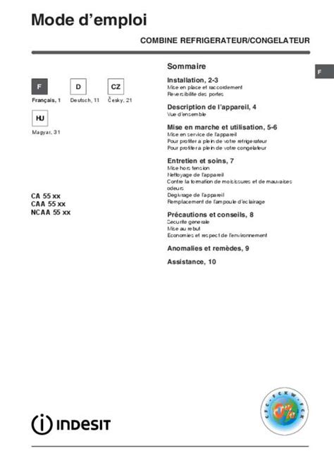 Notice réfrigérateur INDESIT NCAA Trouver une solution à un problème INDESIT NCAA mode d