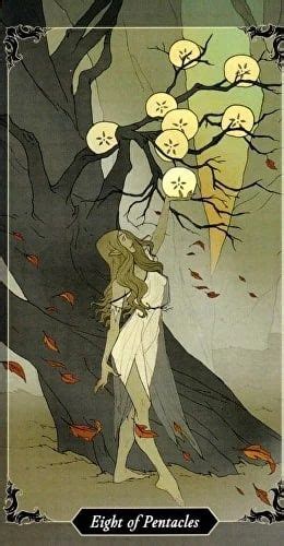 8 пентаклей Таро Темного леса Обучение таро Как научиться гадать Значение карт таро