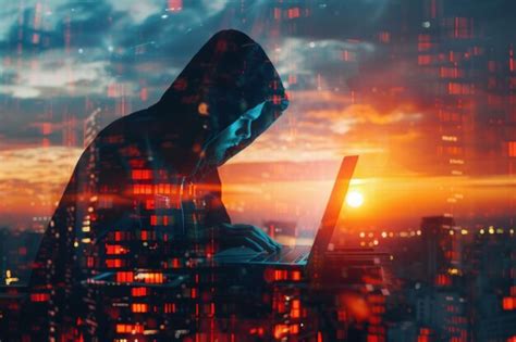 Premium Photo Hacker With Laptop Using Laptop At Desk On Abstract Concrete City And Sunset