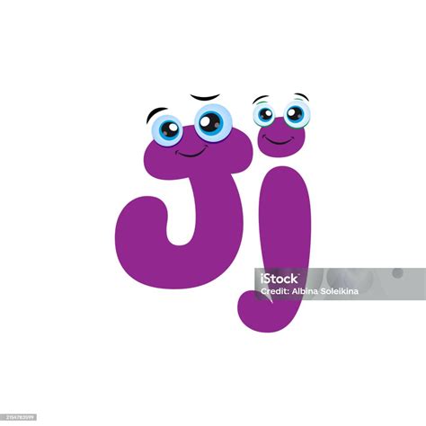 귀여운 보라색 편지 J 만화 캐릭터 귀여운 눈으로 눈을 가진 파란 귀여운 웃는 대문자와 소문자 J의 만화 그림 재미있는 아이들은