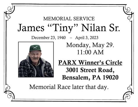 Memorial Service James “tiny” Nilan May 29th Race Track Chaplaincy