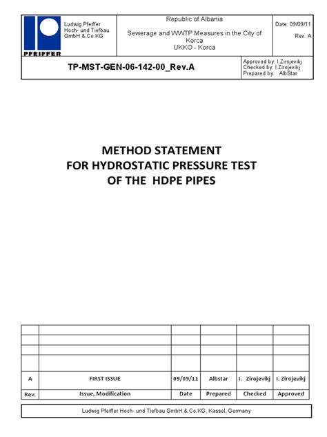 Tp Mst Gen 06 142 00 Method Statement For Pressure Test Of The Hdpe