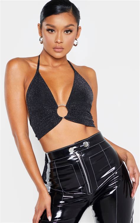 Black Textured Glitter Plunge Ring Detail Bralet Prettylittlething Usa