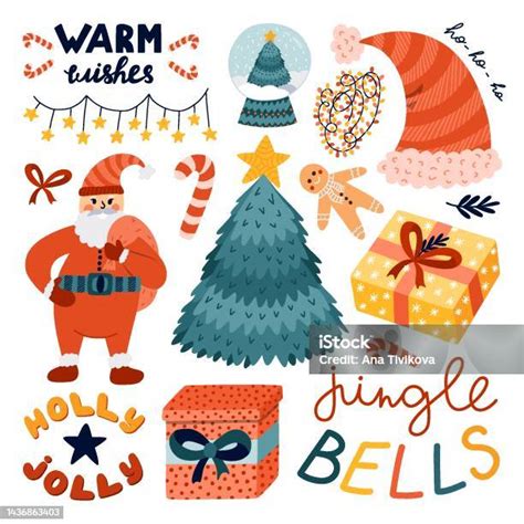 크리스마스 새해 겨울 방학을 위한 클립아트와 레터링 세트 손으로 그린 고립 된 벡터입니다 전나무 산타 클로스 스노우 글로브 포장 된 선물 조명 사탕 지팡이 진저 브레드 맨