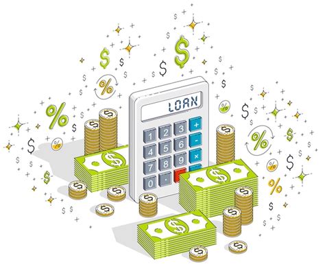 白い背景に分離された現金マネースタックとコインパイル、ローンの概念を持つ電卓。アイコン、統計チャート、デザイン要素と等角投影3dベクトル金融