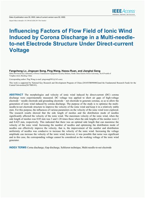 Pdf Influencing Factors Of Flow Field Of Ionic Wind Induced By Corona