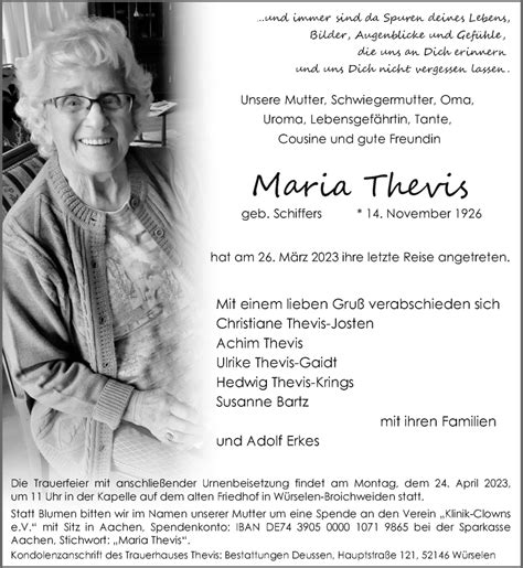 Traueranzeigen Von Maria Thevis Aachen Gedenkt