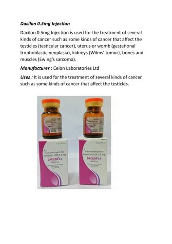 Dactinomycin Injection Dacilon Packaging 0 5 Mg Celon Laboratories Limited At ₹ 295 Vial In