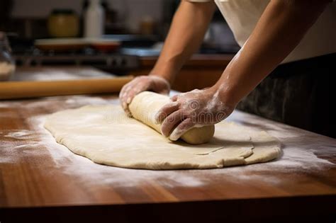 Two Hands With Rolling Pin Roll Out Dough In Flour On Table Closeup