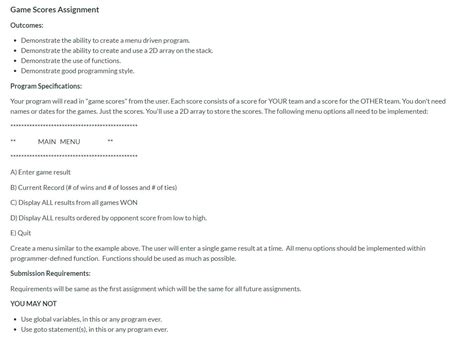 Solved Game Scores Assignment Outcomes Demonstrate The Chegg
