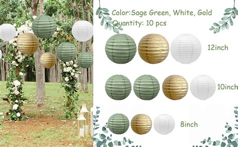 10 Pcs Paper Lanterns Decorative Sage Green White And Gold Round