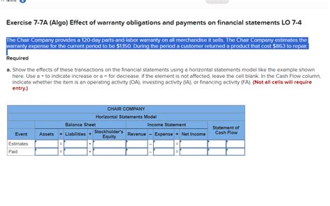 Solved Exercise 7 7A Algo Effect Of Warranty Obligations Chegg