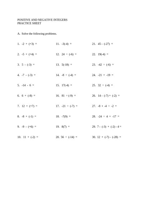 Positive And Negative Integers Worksheet Pdf