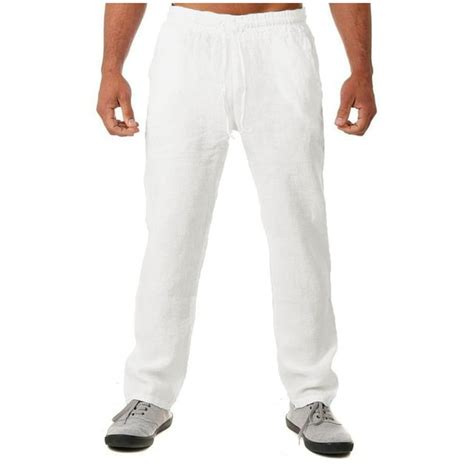 Besolor Mens Cotton Linen Pants Elastic Waist Straight Leg Casual