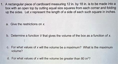 SOLVED A Rectangular Piece Of Cardboard Measuring 12 In By 18 In Is
