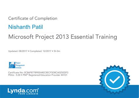 Certificate Of Completion Microsoft Project 2013 Essential Training PPT