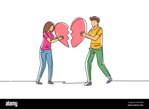 Single One Line Drawing Heartbroken Couple Parting Divorce Sad Young Man And Woman Trying To