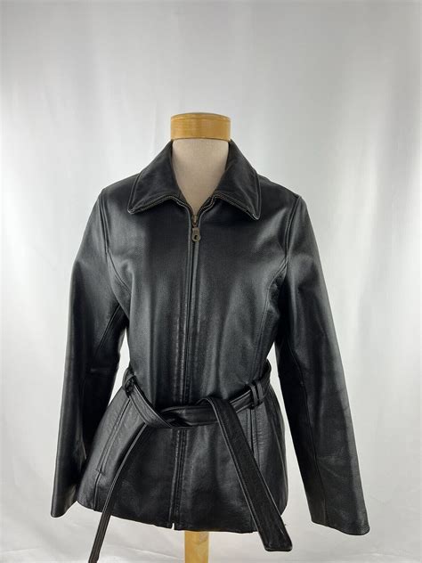 Wilda Genuine Black Leather Belted Jacket Mens Size Gem