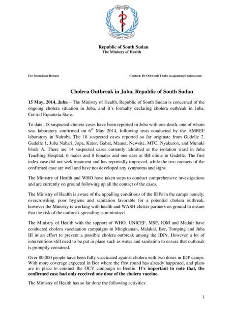Press Release On Cholera Outbreak In Juba South Sudan South Sudan
