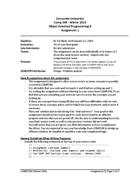 2016 Winter A1 Exam Concordia University Comp 249 Winter 2016 Object Oriented Programming