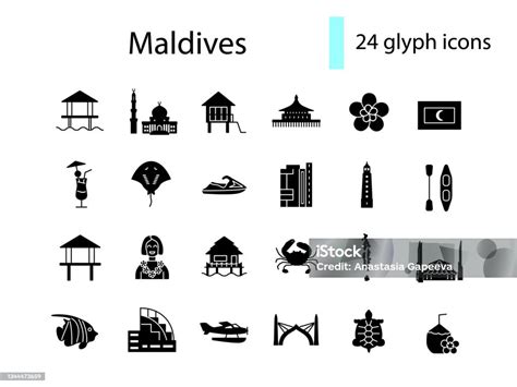 몰디브 어트랙션 글리프 아이콘 세트 국가 속성 열대 리조트 산호 섬 격리된 벡터 그림 개념에 대한 스톡 벡터 아트 및 기타 이미지 Istock