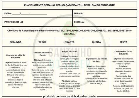 PLANEJAMENTO SEMANAL sobre o DIA DO ESTUDANTE educação infantil