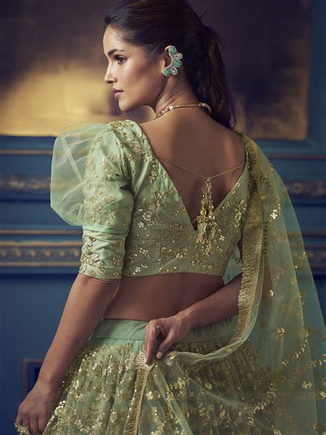 Green Soft Net Sequins Work Lehenga With Puff Sleeve Designer Choli