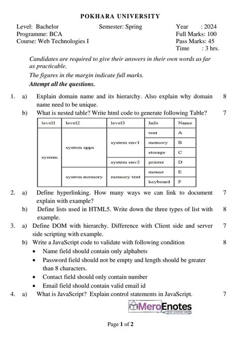 Pokhara University Pu Bca Web Technologies I Question Paper 3rd