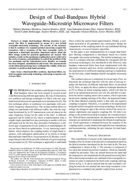 Pdf Design Of Dual Bandpass Hybrid Waveguide Microstrip Microwave Filters