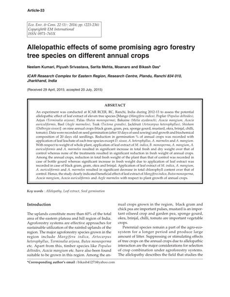 Pdf Allelopathic Effects Of Some Promising Agro Forestry Tree Species On Different Annual Crops