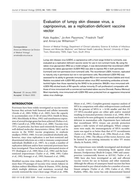 Pdf Evaluation Of Lumpy Skin Disease Virus A Capripoxvirus As A