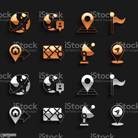 지도 깃발 지도 핀 레이더 위치 하우스 접힌 위치 마커 지구 궤도를 도는 위성 및 지구 아이콘으로 Gps 장치를 설정합니다 벡터 0명에 대한 스톡 벡터 아트 및 기타 이미지