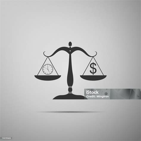 크기를 계량 돈과 시간 아이콘 회색 배경에 고립 시간과 동전으로 저울 일과 주어진 시간 사이의 균형 비즈니스 개념입니다 평면