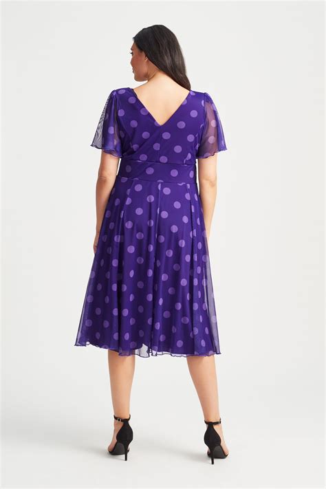 Victoria Purple Spot Angel Sleeve Mesh Midi Dress Scarlett And Jo