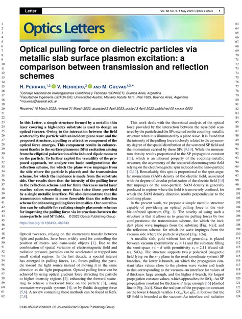 Pdf Optical Pulling Force On Dielectric Particles Via Metallic Slab Surface Plasmon Excitation