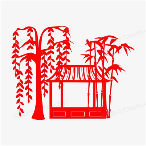 一组红色剪纸中国风景观套图装饰之柳树凉亭PNG图片素材下载 红色PNG 熊猫办公