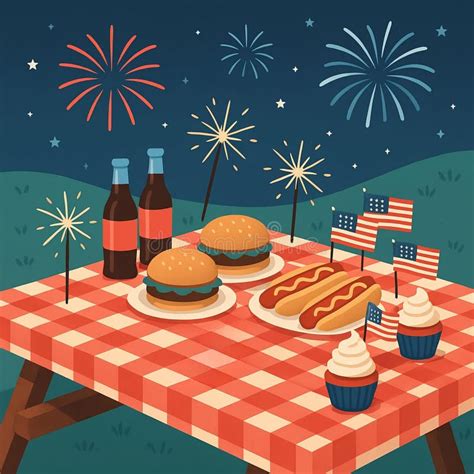 Classic American 4th Of July Bbq Food Spread Vector Illustration Stock