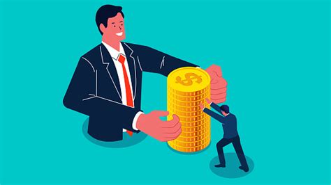 탐욕스러운 상인 세금 인상 사업 이익과 소득에 대해 세금을 내는 상인 또는 투자자 자본 수확 거인의 팔에 금 더미를 밀어 넣는 등척성 소규모 상인 개념에 대한 스톡 벡터