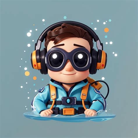 Cute Diver Listening Music With Boombox Cartoon Vector Icon