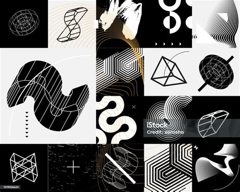 현대적인 트렌디 한 흑백 기하학적 모양 사이버펑크 복고풍 미래주의 세트 0명에 대한 스톡 벡터 아트 및 기타 이미지 0명 3차원 형태 검은색 Istock