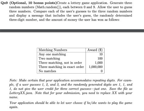 Solved Qn9 Optional 10 Bonus Points Create A Lottery Game Chegg